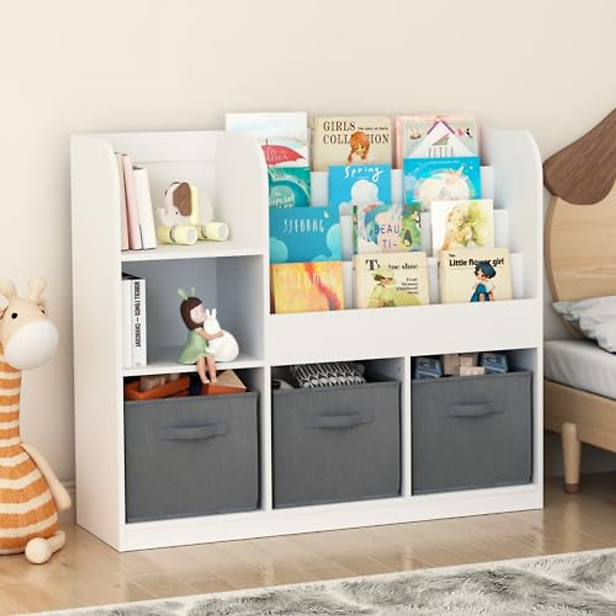 AOCOROE Kids Bookshelf, Wooden Bookcase, Toy Storage Cabinet Organizer with 4-Tires Bookshelf, Book Organizer with 3 Collapsible Fabric Drawers