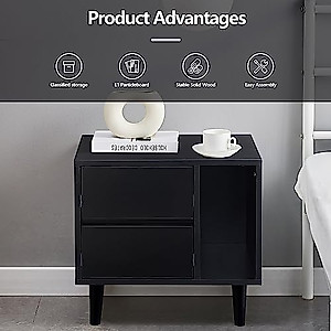 TUKAILAi Modern Nightstand with 2 Drawers, Open Storage & Solid Wood Legs, Bedside Table Cabinet Storage Unit for Bedroom (Black)