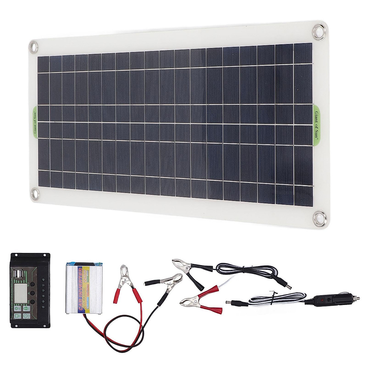 Solar Panel, 12V 30W Portable Solar Panel Kit with 220W Inverter Controller Polysilicon High Efficiency 2 USB Port for RV Boat Car