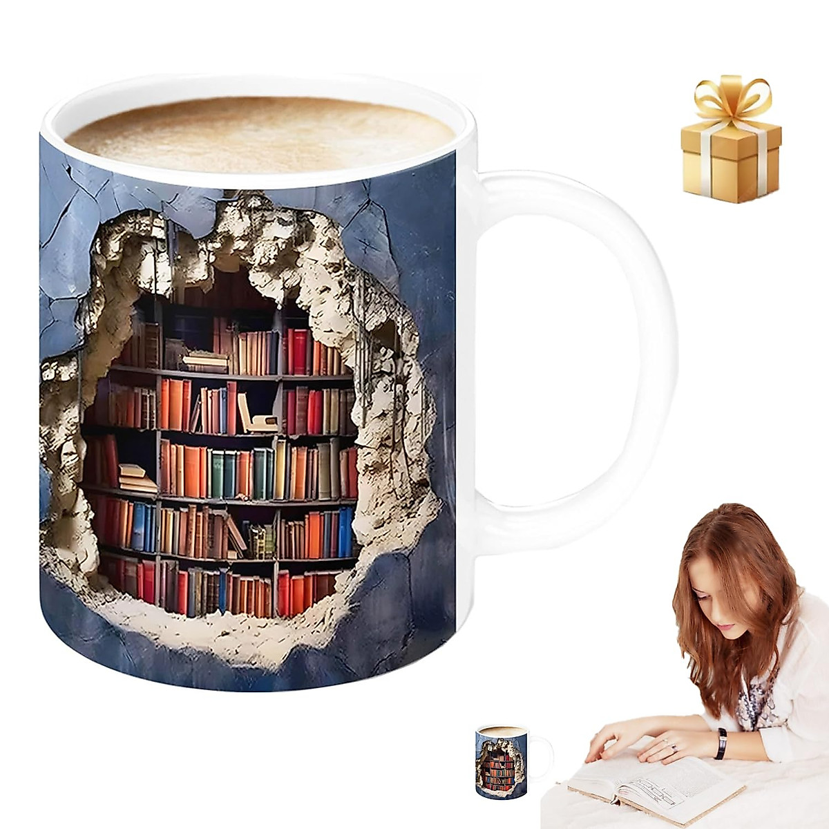 Jaysanter Visual Effect 3D Bookshelf Mug, Book Mug, Library Bookshelf Mug, Coffee Mug for Book Lovers Gifts, Creative Book Club Mug, Creative Space Design Multi-Purpose Ceramic Mug (Blue)
