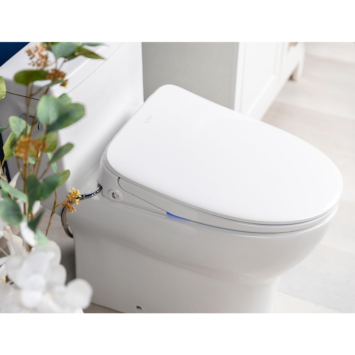 ALPHA BIDET iX Pure Bidet Toilet Seat in Elongated White | Ultra Low Profile | Endless Warm Water | Arced Stainless Steel Nozzle | Blue LED Nightlight | Dryer
