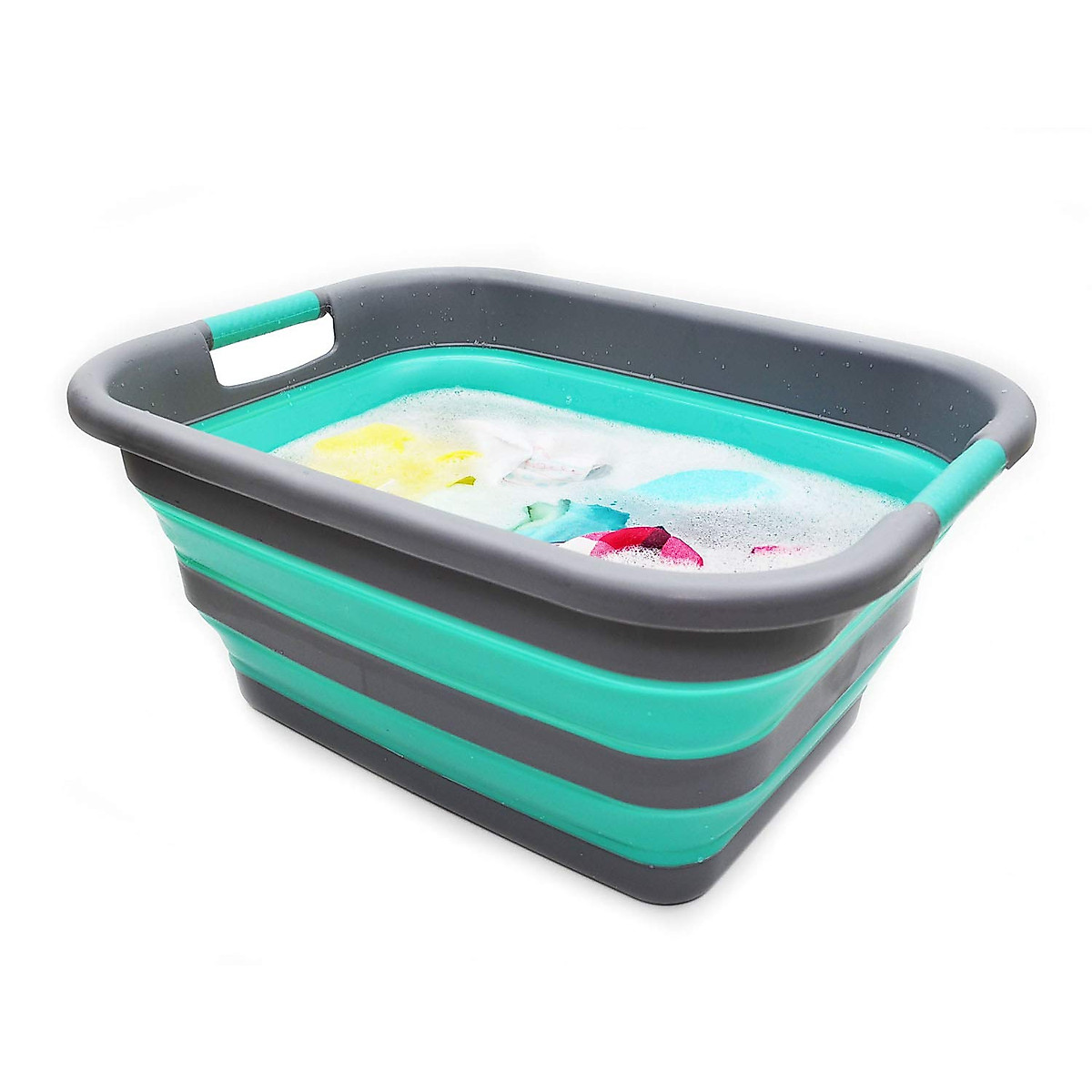 SAMMART 41L Set of 2 Collapsible Plastic Laundry Basket - Foldable Pop Up Storage Container/Organizer - Portable Washing Tub - Space Saving Hamper/Basket (2, Grey/Turquoise Blue)