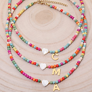 Wellike Initial Necklaces for Women Colorful Beaded Choker Necklace Stainless Steel 18K Gold Plated Y2K Aesthetic Gold Letter Necklace Handmade Boho Summer Necklace Jewelry Gift (E)