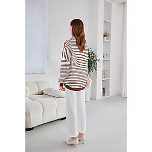Women's Turtleneck Long Sleeve Striped Oversized Ribbed Knit Pullover Sweater Tops