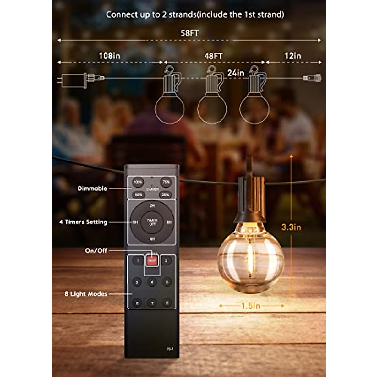 Brightown Outdoor String Lights with Remote, 58FT(48+10) LED String Lights with Clips Hooks, G40 Patio Lights with 27 Bulbs(2 Spare), Waterproof Shatterproof Hanging Light for Patio Backyard