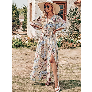 ANRABESS Women’s Summer Loose Boho Flowy Wrap V Neck 3/4 Sleeve Floral Print Slit Beach Wedding Guest Long Maxi Dresses Yellow Flor Medium