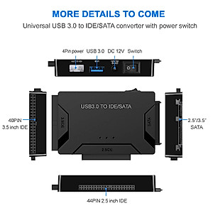 EYOOLD USB 3.0 to SATA IDE Adapter, Hard Drive Reader External Ultra Recovery Converter Compatible with 2.5" 3.5" HDD, SSD,5.25-inch DVD/CD-ROM Optical Drive Data Transfer with Power Supply