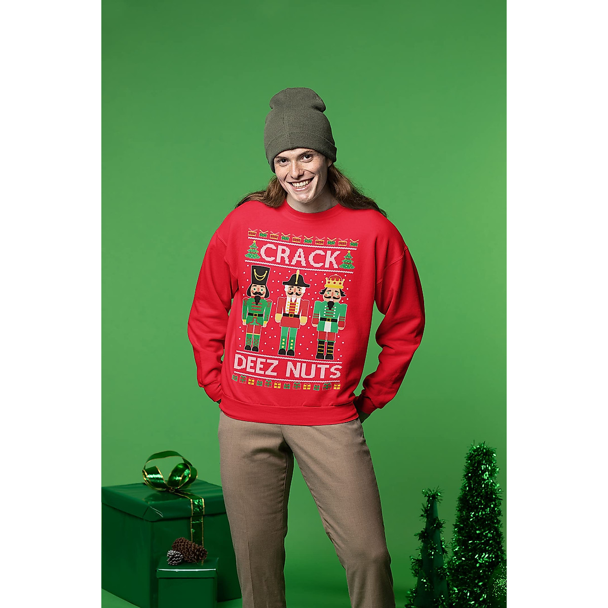 Wild Bobby Crack Deez Nuts Meme Ugly Christmas Sweater Unisex Crewneck Sweatshirt, Forest Green, Small