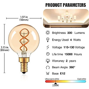 E12 Décor Globe g16.5 G50 Candelabra Light Bulb 4W Dimmable,40 Watts Equivalent,Amber Glass 2200K 300lm,Edison Replacement Globe Bulb for Sputnik Chandelier Vanity Ceiling Fan Light Bulbs,2 Pack