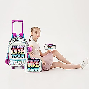 Meetbelify Rolling Backpack for Girls Backpack with Wheels Kids Luggage for Elementary Students with Lunch Box Set for Girls Purple