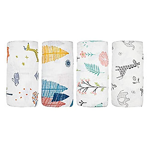 Kingrol 4 Pack Baby Muslin Swaddle Blankets, Soft Unisex Swaddle Wrap for Boys and Girls, Large Neutral Receiving Blanket for Newborn Infant, Bear/Fox/Elk/Elephant