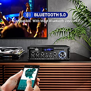 Facmogu Home Audio Amplifier, Bluetooth 5.0 Receiver Wireless Power Amplifier, Max 400Wx2 RMS 50Wx2 Dual Channel HiFi Sound Audio System Home Stereo Receiver, MIC in w/Echo, Bass & Treble w/USB/RCA/FM