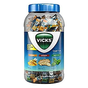VICKS Cough Drops Throat Irritation Relief |3 Flavors- Menthol|Honey|Ginger | 185 Drops JAR