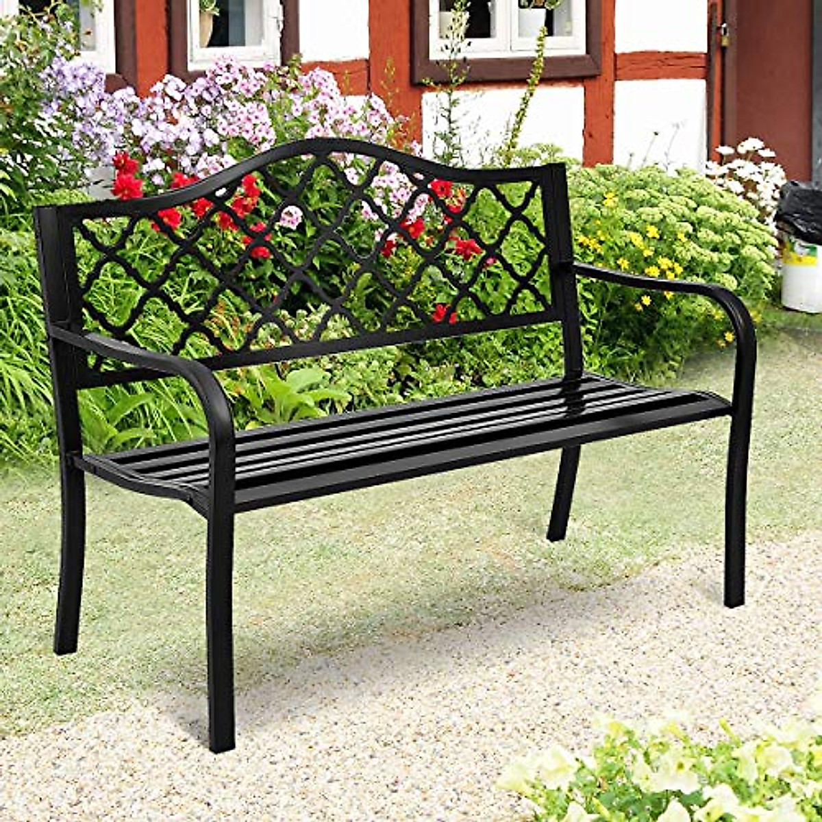 Giantex 50" Patio Garden Bench Loveseats Park Yard Furniture Decor Cast Iron Frame Black (Black Style 1)