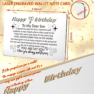 YODOCAMP Son Birthday Card from Mom, Happy Birthday Son Gifts, Metal Engraved Greeting Card for Son Birthday, Son Wallet Insert Card from Parents