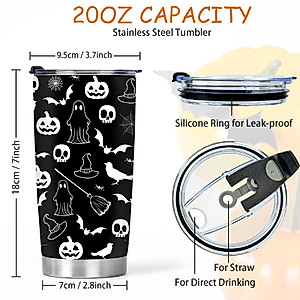 FatWongcoi Halloween Tumbler - Horror Halloween Cups for Women - 20oz Wizard Hat Ghost Skull Bat Stainless Steel Tumbler - Gothic Gift for Her - Spooky Coffee Mug for Friend