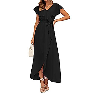 BTFBM Women's Summer Chiffon Maxi Dresses Deep V Neck Ruffle Short Sleeve Beach Party Cocktail Flowy Wrap Dress with Belt(Solid Black, X-Large)