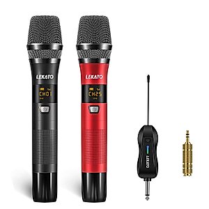 LEKATO Wireless Microphone, UHF Professional Microphones Rechargeable Metal Dual Wireless Microphone Dynamic Microphone System Set with Rechargeable Receiver for Karaoke Singing, Speech, Wedding
