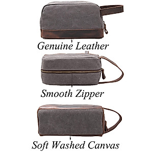 Vintage Leather Canvas Travel Toiletry Bag Shaving Dopp Kit #A001 (Grey)
