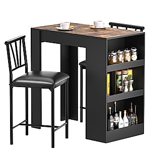 VECELO Small Bar Table and Chairs Tall Kitchen Breakfast Nook with Stools/Dining Set for 2, Storage Shelves, Space-Saving, Black