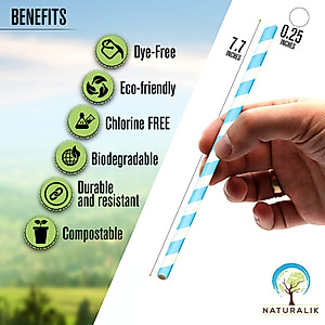 Naturalik 100-Pack Light Blue Biodegradable Paper Straws- Extra Durable- Baby Shower decorations for boy, gender reveal party supplies, birthday party straws, Blue Paper Straws
