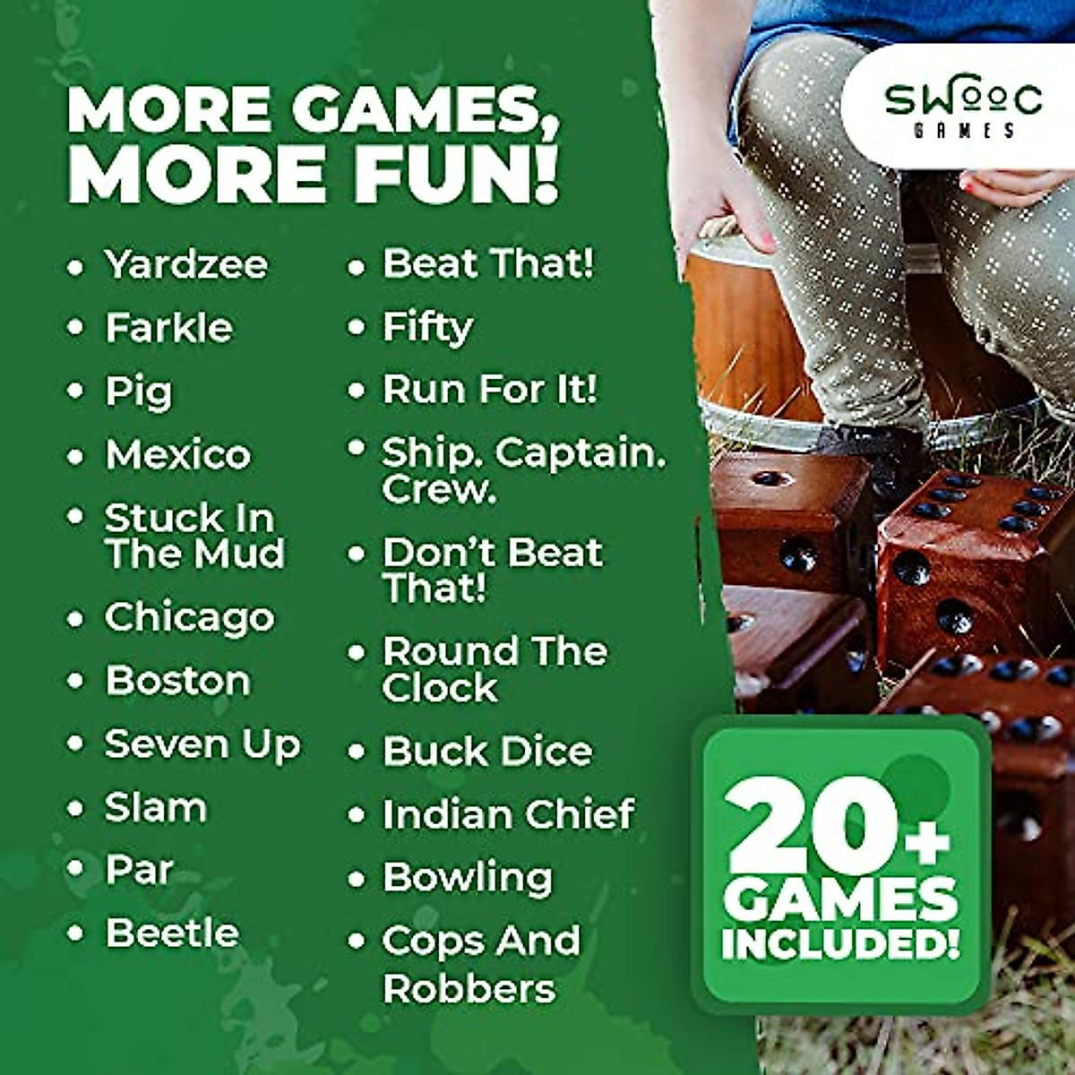 SWOOC Games - Yardzee, Farkle & 20+ Giant Dice Games (All Weather) Yard Dice with Wooden Bucket, 5 Scorecards & Marker - Jumbo Dice Yard Game - Extra Large Yard Games for Adults - Jumbo Lawn Games