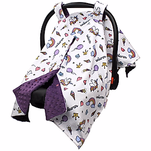 Baby Car Seat Canopy Cover - Unicorn and Rainbows with Purple Minky Dot