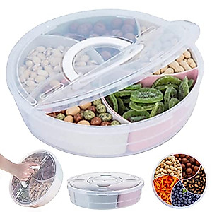 Round Divided Serving Tray Platter with Lid & Handle Storage Container, 5 Colorful Compartment Box Clear Organizer, Compartment Party Platter for Candy, Appetizer, Snack, Fruit, Nuts, Veggie, Parties