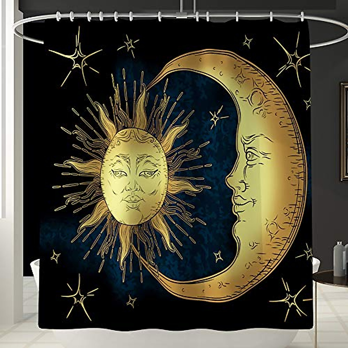 4PCS/Set Sun and Moon Print Pattern Shower Curtains Sets Polyester Waterproof Bathroom Shower Curtain Sets Non-Slip Bathroom Rugs Bath Mat Set Toilet Lid Cover+12 Hooks, Boho