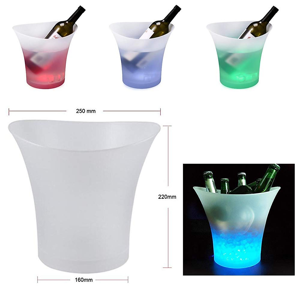 SMETA Ice Bucket Led for Champagne Beer Wine Color Changing Bottle Beer 5L Large Capacity Cooler with Led, Plastic Portable Ice Bucket with Light for Parties, Bar, Home, KTV Small Clear Buckets, 5PCS
