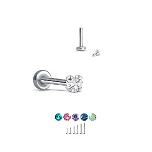 14K White Gold Labret Nose Ring Stud Titanium Screw Post 1/4" - 6mm Post 1.5mm Clear CZ 16G