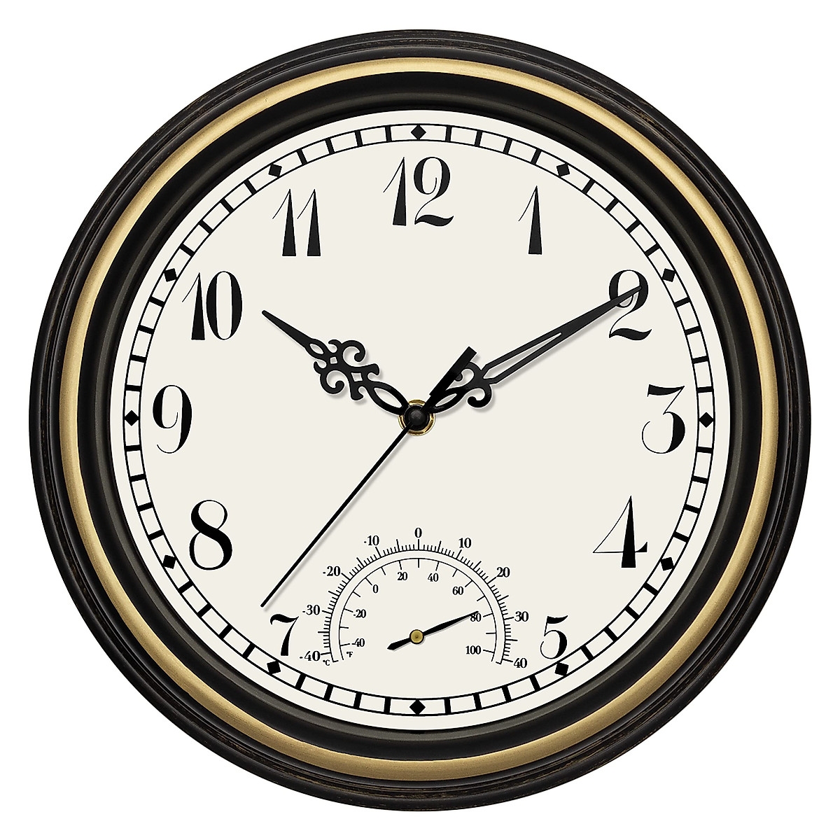 Lumuasky Indoor Outdoor Waterproof Wall Clock with Thermometer, Retro Silent Non-Ticking Battery Operated Round Clock for Garden Patio Yard Home (12 inch, Black Gold)