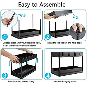Under Sink Organizers and Storage - Adjustable Height Sliding 2-Tier Pull Out Drawer Rack Multi-Purpose Under Sink Shelf Organizer for Kitchen Bathroom Under Counter Cabinet Storage (Dark Black-2pcs)