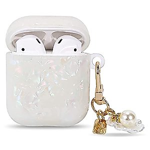 Manleno Compatible with Airpods Case Cover with Keychain Cute Shell Pearl Design Women Girls Soft Protective Case Glitter Bling Airpod Cases Replacement for Apple Airpods 2 1 (Iridescent)