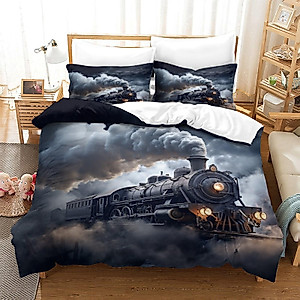 EVMILA Steam Train Comforter Covers Duvet Cover Quilt Cover for Boys Girls 3D Printed Steampunk Bedding Set with Zipper Closure Soft Microfiber with Pillow Cases 3 Pieces Twin（173x218cm）