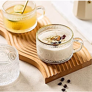 LUECMO Vintage Coffee Tea Cups [2 Pack], 14 oz Glass Tea Coffee Mugs, Clear Embossed Glass Cups for Cappuccino, Latte,Cereal, Yogurt, Beverage (Transparent)