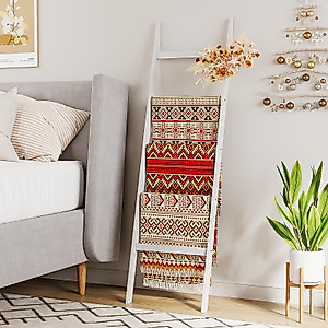 Blanket Ladder Towel Racks for Bathroom 5 Layers Towel Holder 100% Bamboo Wood Sturdy Construction No Need Wall Drilling Quilt Scarf Storage Solution Decorative Leaning Shelf for Living Room (White)