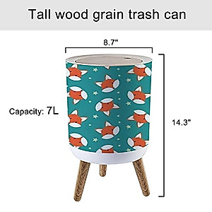 Small Trash Can with Lid Cute Cartoon Foxes Seamless with Foxes Faces Round Recycle Bin Press Top Dog Proof Wastebasket for Kitchen Bathroom Bedroom Office 7L/1.8 Gallon