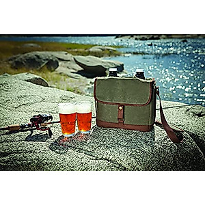 LEGACY - a Picnic Time brand Insulated Double Glass Growler Tote, Beer Gifts for Men, Waxed Canvas Tote Bag Water Bottle Carrier, (Khaki Green with Brown Accents)