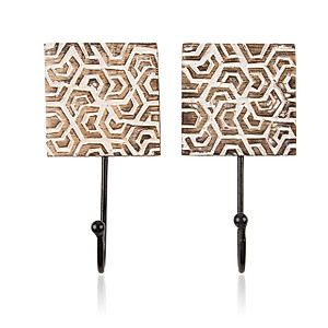 Set of 2 Decorative Wooden & Cast Iron Vintage Rustic Coat Hanger Wall Mounted Jacket Robe Towel Door Hook Rack Holder Rail For Hallway Living Room Entryway Bathroom Bedroom Home Decor Accents