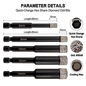 SHDIATOOL Dry Diamond Drill Bits Set for Porcelian Tiles Marble Granite Quick Change Hex Shank Stone Hole Bits(6/8/10/12/14mm) 5pcs