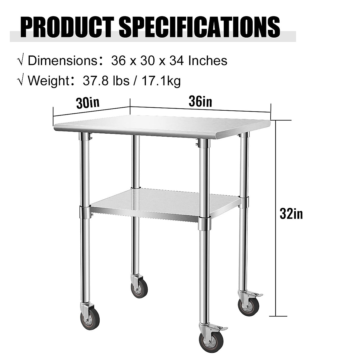 KODOM Food Prep Stainless Steel Table 36" x 30", Heavy Duty Workbench with Adjustable Under Shelf, Commercial Worktable with 4 Casters for Commerical Kitchen, Restaurant, Home and Hotel
