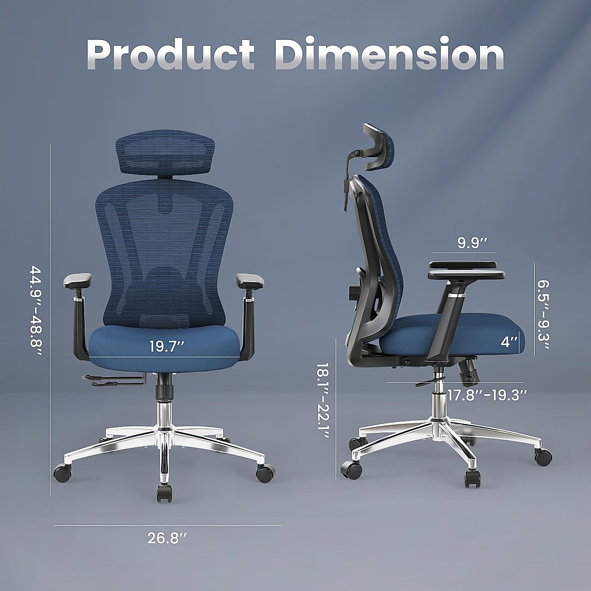 Farini Office Chair Ergonomic Desk Chair, High Back Office Chair with Wheels, Home Office Chair for Heavy People, Office Chair Adjustable Seat Depth, 3D Armrests and Adjustable Headrest, Blue