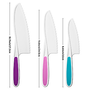 MOTYAWN Kids Knife Set of 3 - Firm Grip, Serrated Safe Edges– Colorful Nylon Toddler Cooking Knives to Cut Fruits, Salad, Cake, Lettuce (Purple/Powder/Blue)