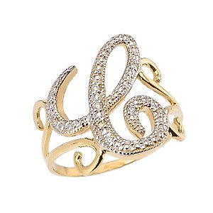 Initial Rings 14k Yellow Gold Modern Cursive C Diamond (Size 10)
