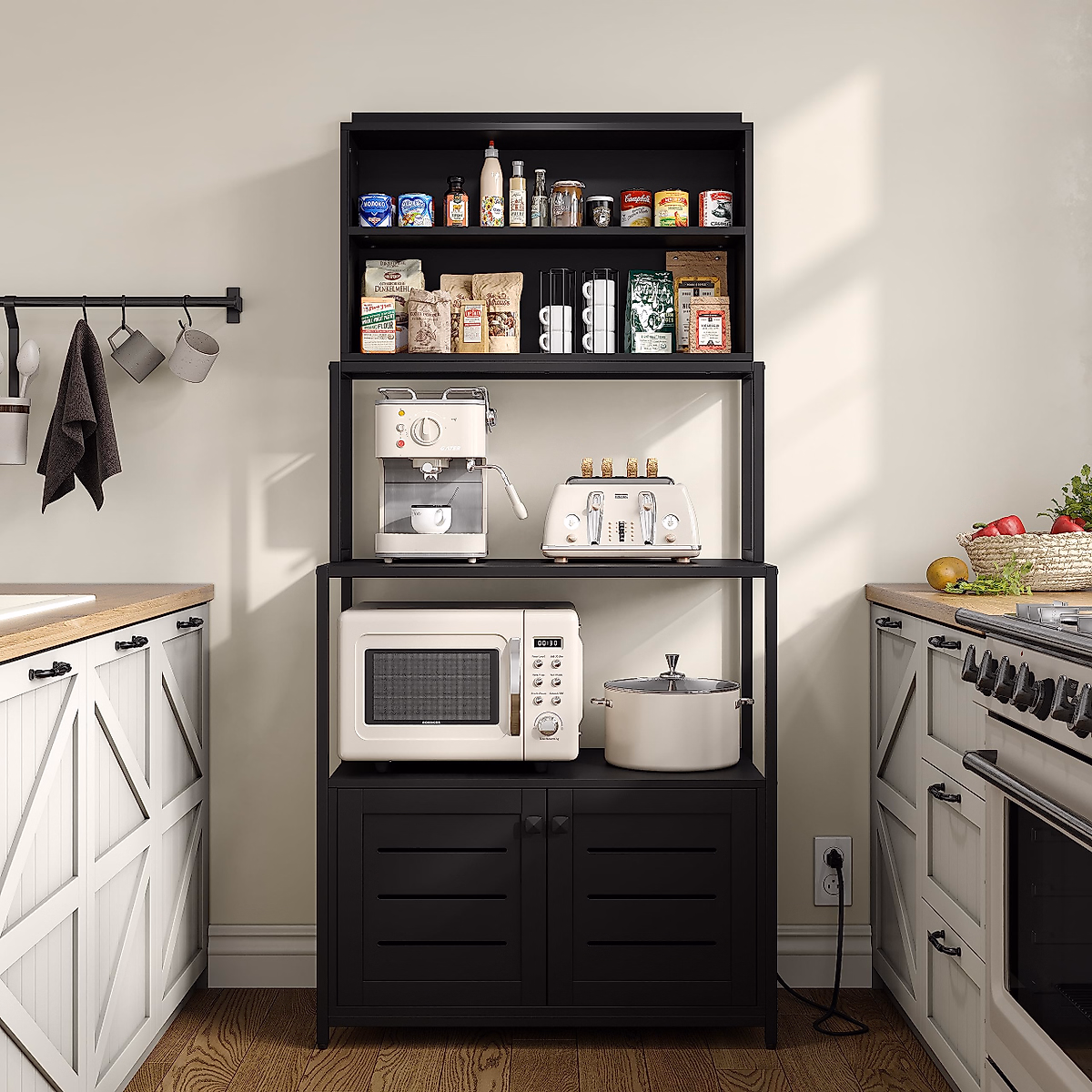 Furniouse 5-Tier Kitchen Bakers Rack with Power Outlet, Industrial Microwave Oven Stand with Shelves, Kitchen Utility Storage Shelf with Cabinet, Standing Kitchen Storage Rack,Black