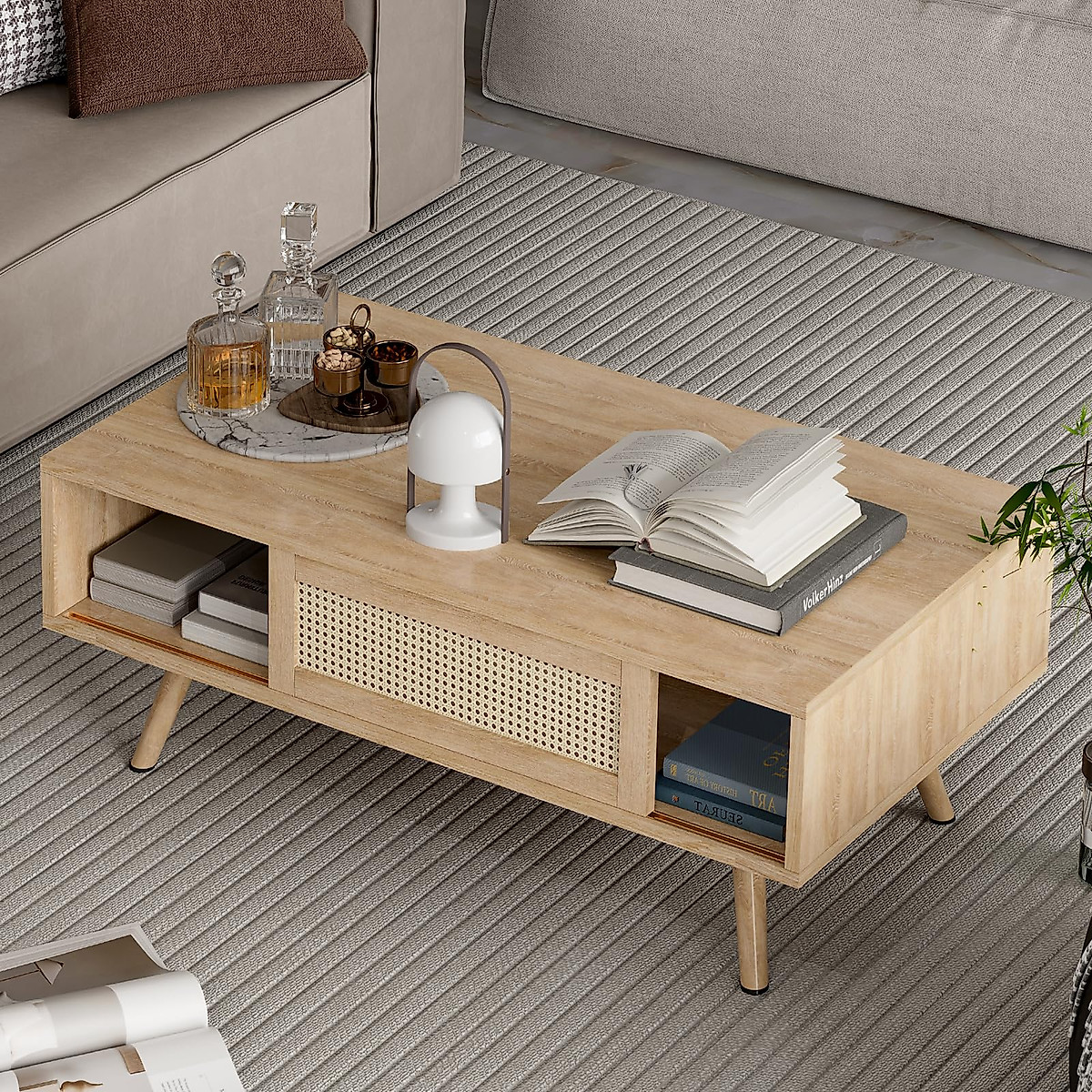 Forsho Rattan Coffee Table Mid Century Modern Coffee Table with Storage 41.3 Inch Wooden Accent Center Sofa Table with Sliding Woven Door Panel and Solid Wood Legs Perfect for Living Room