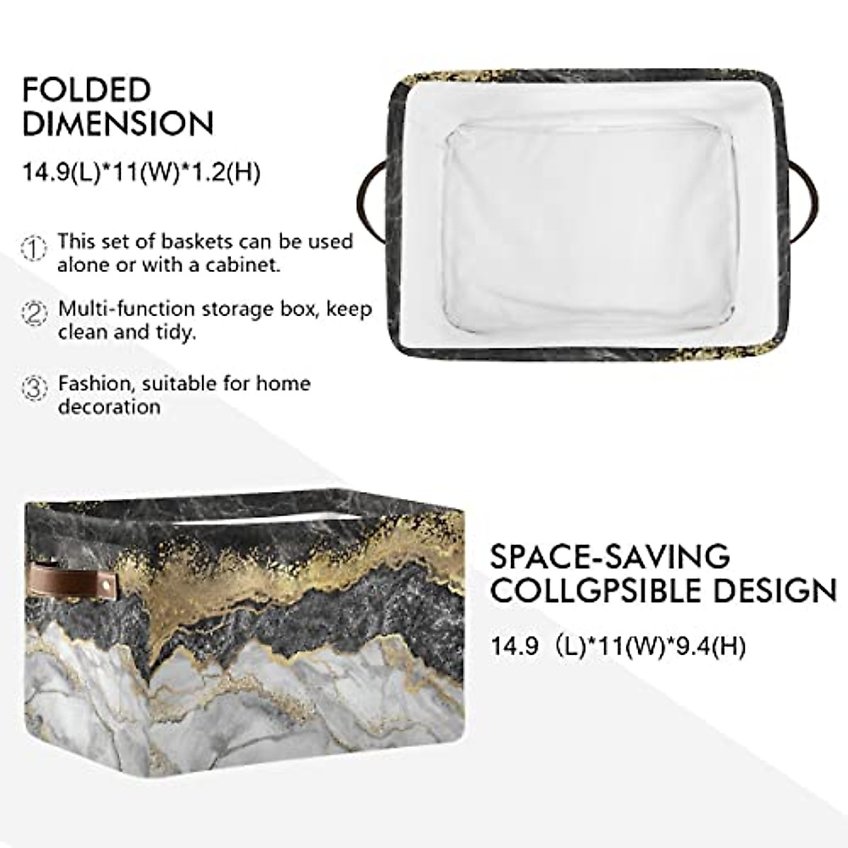 Gold Black Marble Square Storage Basket Storage Bins Canvas Storage Organizer Closet Shelf Organizer for Home Office, 1 Pc