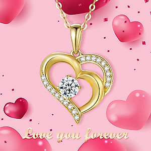 14K Solid Gold Heart Necklace Jewelry for Women, Dainty Real Gold Double Love Hearts Pendant Necklace Delicate Love Jewelry Gift for Mom, Wife 16-18 inch