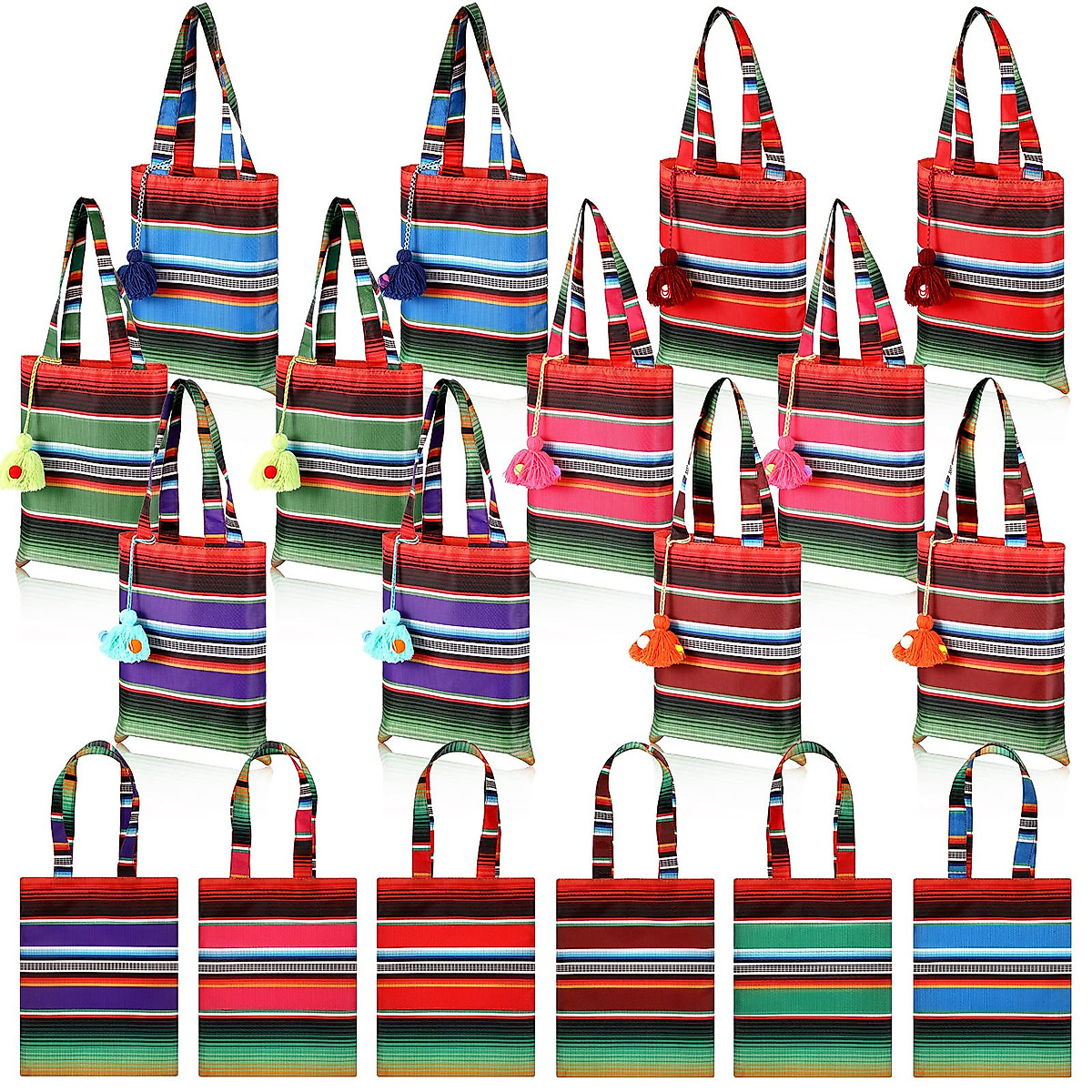 LEIFIDE 24 Pcs Mini Mexican Tote Favor Bags 10 x 8'' Mexican Bags Fiesta Mexican Candy Bags Assorted Color Gift Bags Bolsas Para Fiestas with Tassel for Mexican Cinco De Mayo Party Decoration Supplies